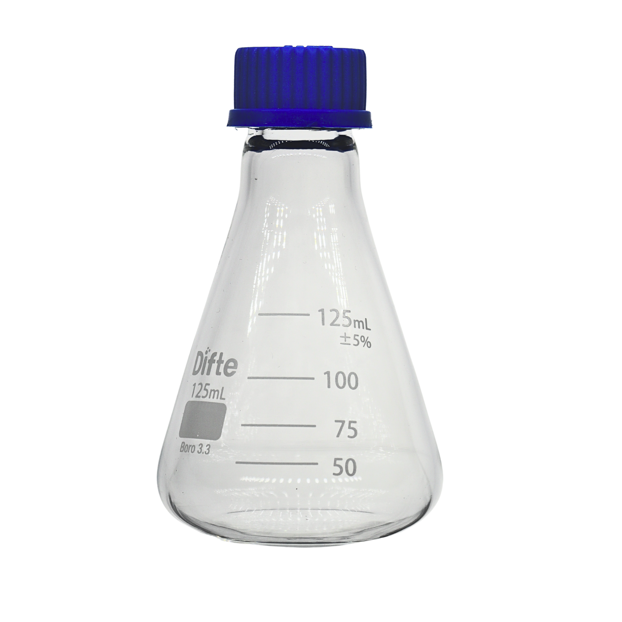 MATRAZ ERLENMEYER DE VIDRIO, CON TAPA ROSCADA GL 45, DE 125 ML. – COCISA